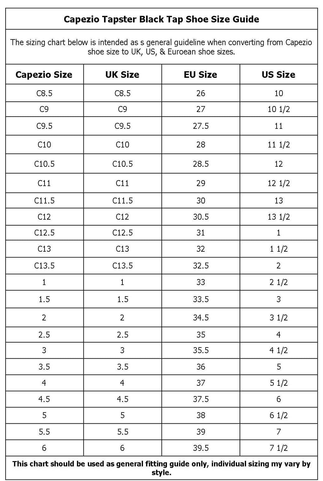 Capezio Tap Shoe Size Chart